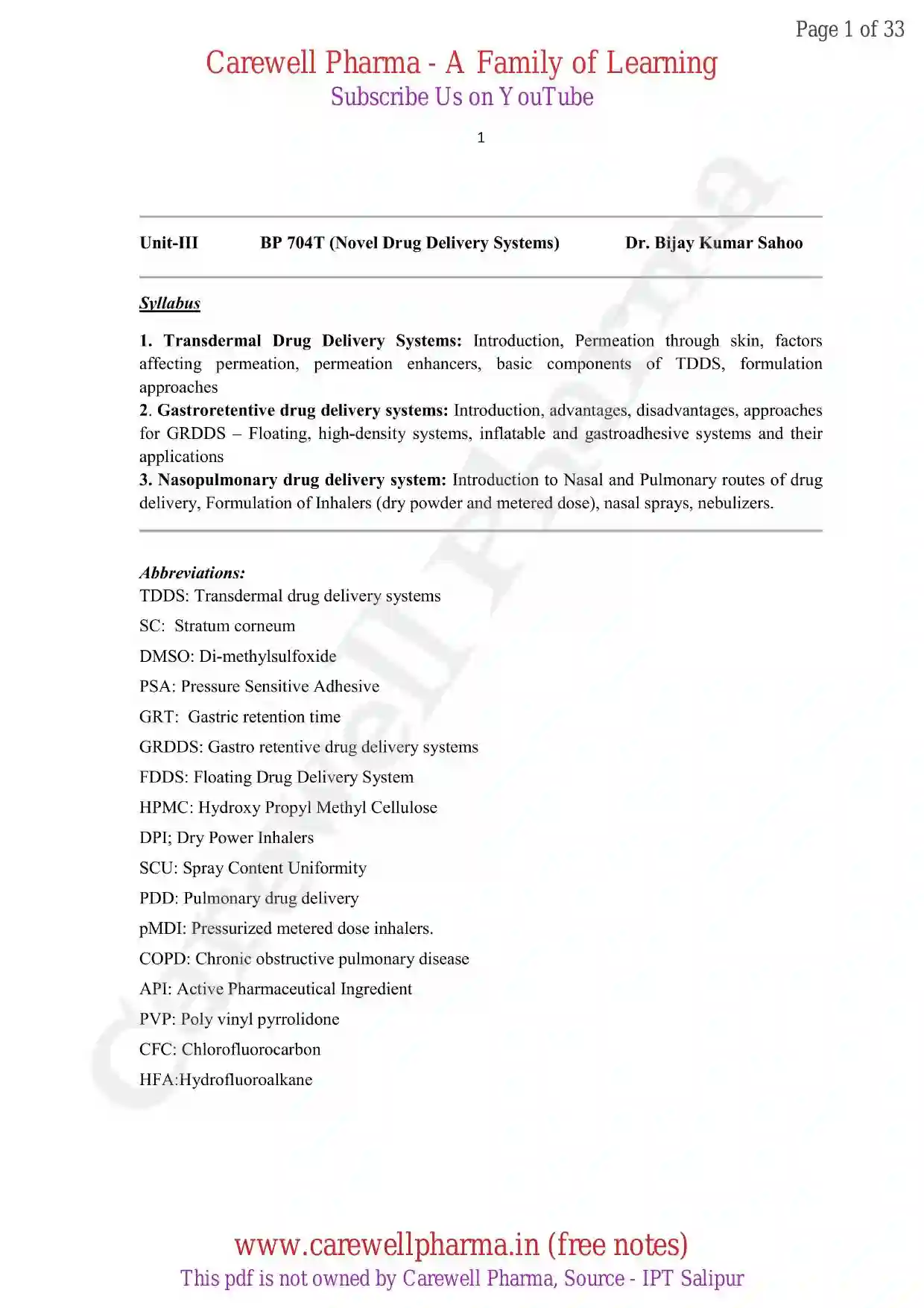 Novel Drug Delivery Systems Unit 3 Notes - 7th Semester B Pharmacy ...