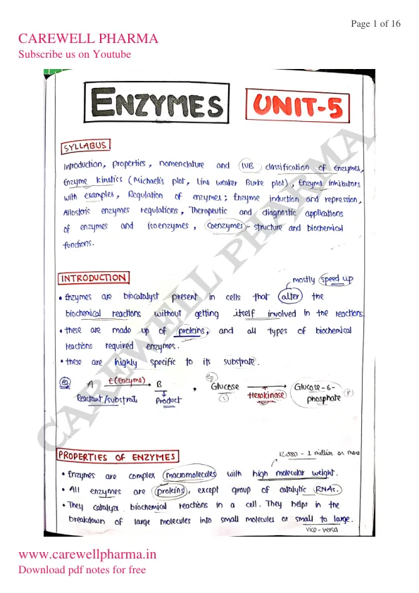 Unit 5 - Biochemistry - 2nd Semester - B Pharmacy Notes - Carewell Pharma